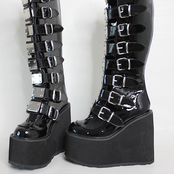 Demonia | Shoes | Demonia Swing85 Shiny Leather Black Platform Boots ...
